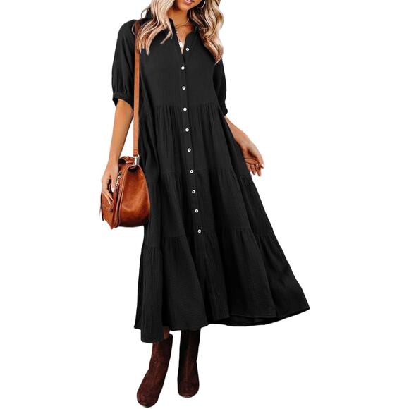 R.Vivimos | Dresses | Summer Cotton Half Sleeves Button Down Loose Slit Midi Dress W Pockets Blk ...